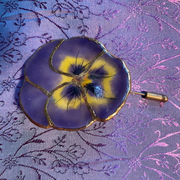 Jewelry | Vintage Pressed Flower Pansy Gold Embellished Stick Pin ...